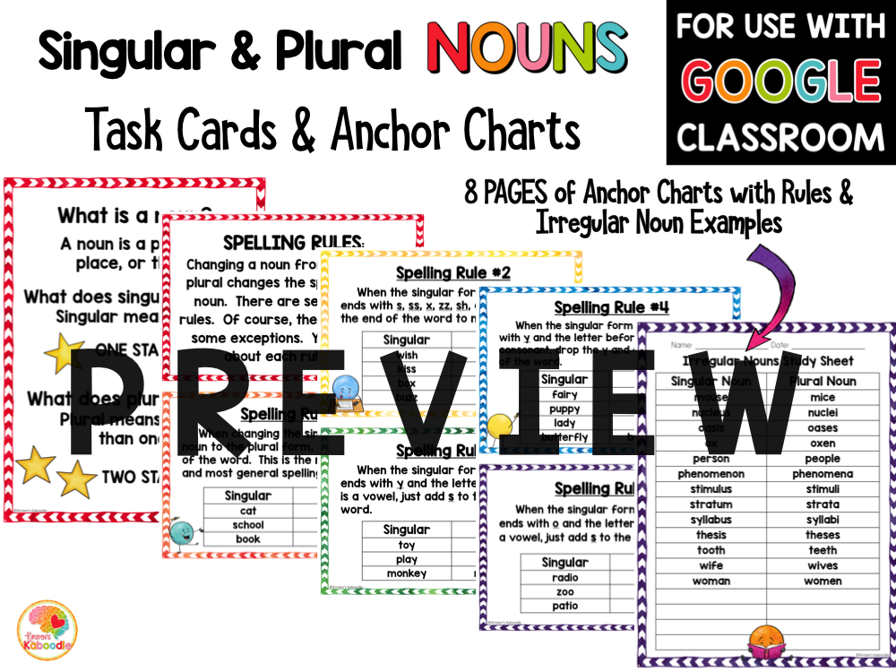 Singular and Plural Nouns Anchor Charts and Task Cards