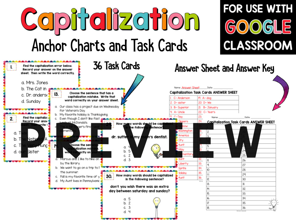 Capitalization Task Cards and Anchor Charts