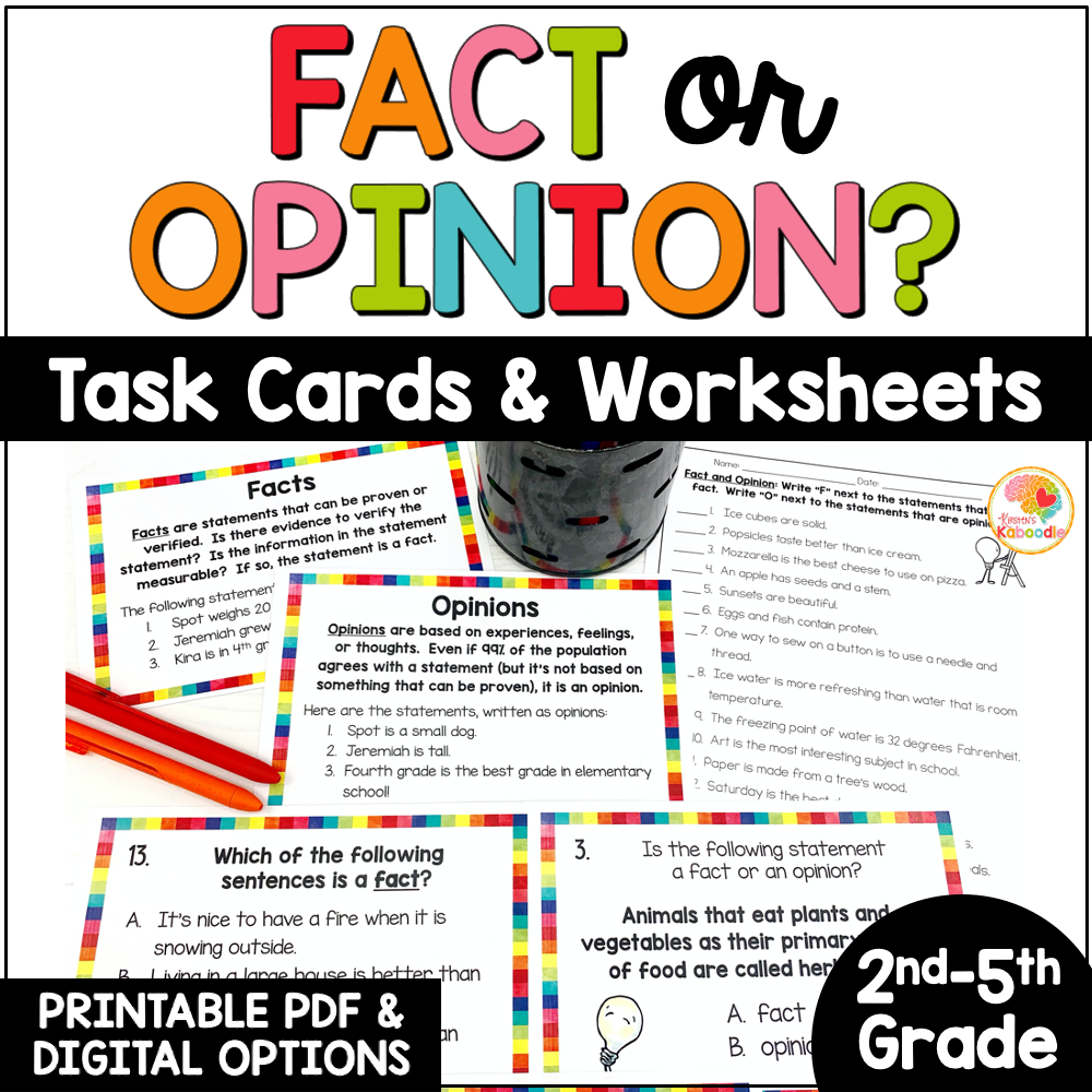 Fact and Opinion Activities: Task Cards, Anchor Charts, & Worksheets